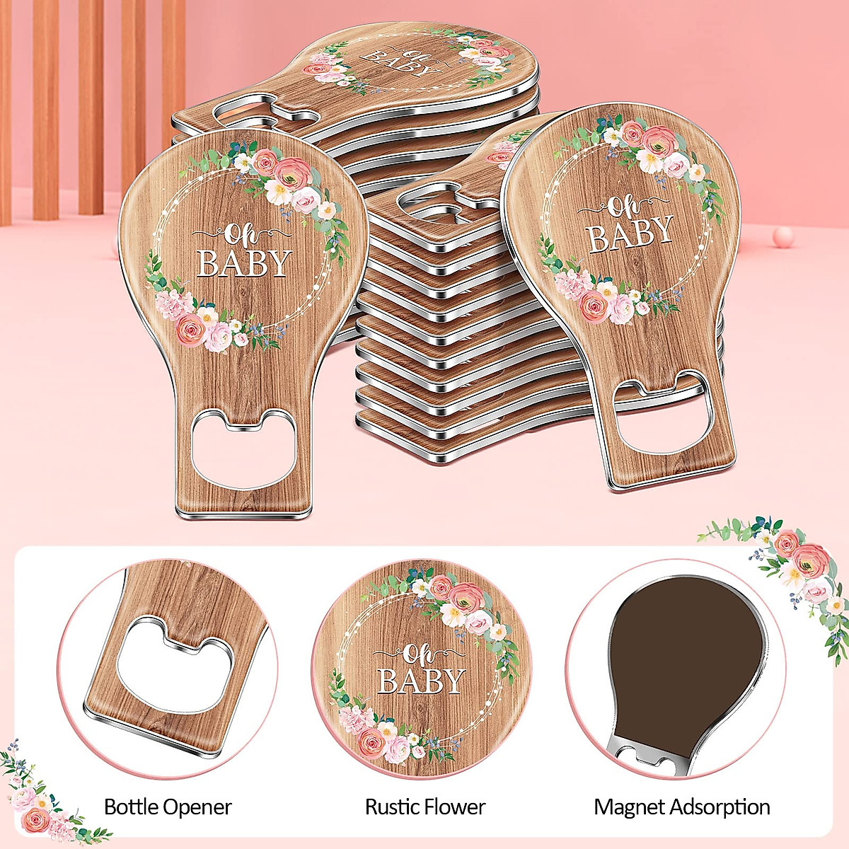 Rtteri 24 Pack Rustic Baby Shower Bottle Opener Favors, Rustic Flower Baby Shower Favors for Girl Bottle Openers Party Favors Souvenirs for Girl Decorations