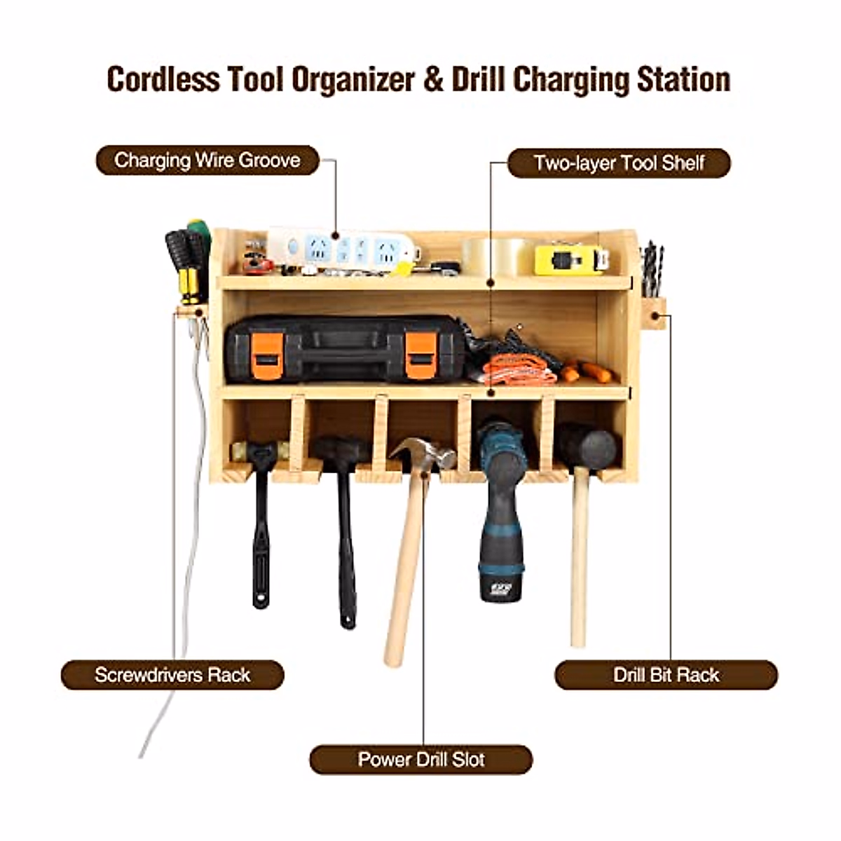 Stonehomy Power Tool Organizer Wood, Cordless Tool Organizer Drill Storage Rack Wall Mount, Drill Charging Station Power Tool Holder for Garage, Workshop, Home