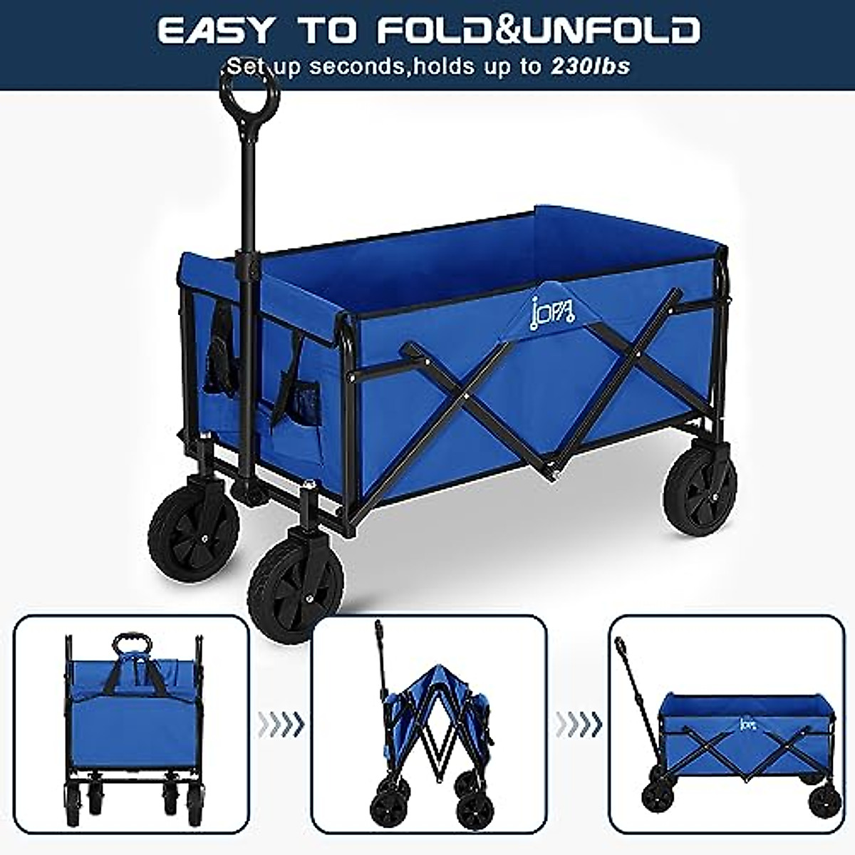 Rollefun Wagon Cart with Wheels Foldable - Collapsible Utility Wagon Heavy Duty, Folding Grocery Wagon, All Terrain Wagon Outdoor Camping Garden