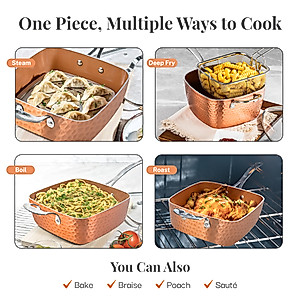 GOTHAM STEEL Nonstick Square Deep Frying Pan, 9.5” Large Cooking Pan with Ceramic Nonstick Coating, Deep Fryer Pot with Basket, 4 Pc Titanium Ceramic with Lid, Basket & Steamer Tray, Dishwasher Safe