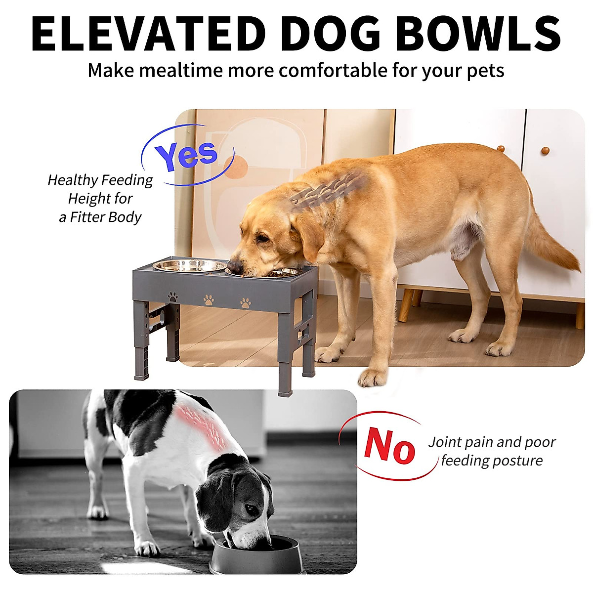LAKIPETN Elevated Dog Bowls with 2 Stainless Steel Dog Food Bowls 5 Height Adjustable Raised Dog Bowl Stand Non-Slip Dog Feeder Adjusts to 3.1”, 9”, 10”, 11”, 12” for Medium Large Dogs - Gray