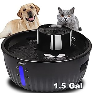 SIBAYS 1.5GAL Large Water Fountain for Dogs Inside,Large Dogs and Cats with 5 Layer Filter, Super Quiet Pet Water Fountain Automaticlly No Spill with LED Water Reminder BPA-Free Material