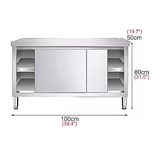 Commercial Kitchen Storage Work Table Thickened Stainless Steel Material Preparation Table Large Space Storage Cabinet Chopping Table Metal Table Sturdy and Stable(100x50x80cm)