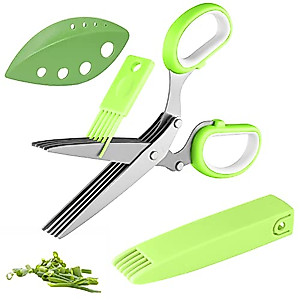 Joyoldelf Gourmet Herb Scissors Set - Master Culinary Multipurpose Cutting Shears with Stainless Steel 5 Blades, Herb Stripper, Safety Cover and Cleaning Comb for Cutting Cilantro Onion Salad