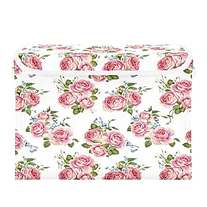 Kigai Pink Roses Storage Baskets for Shelves Foldable Closet Basket Storage Bins with Lid for Clothes Home Office Toys Organizers