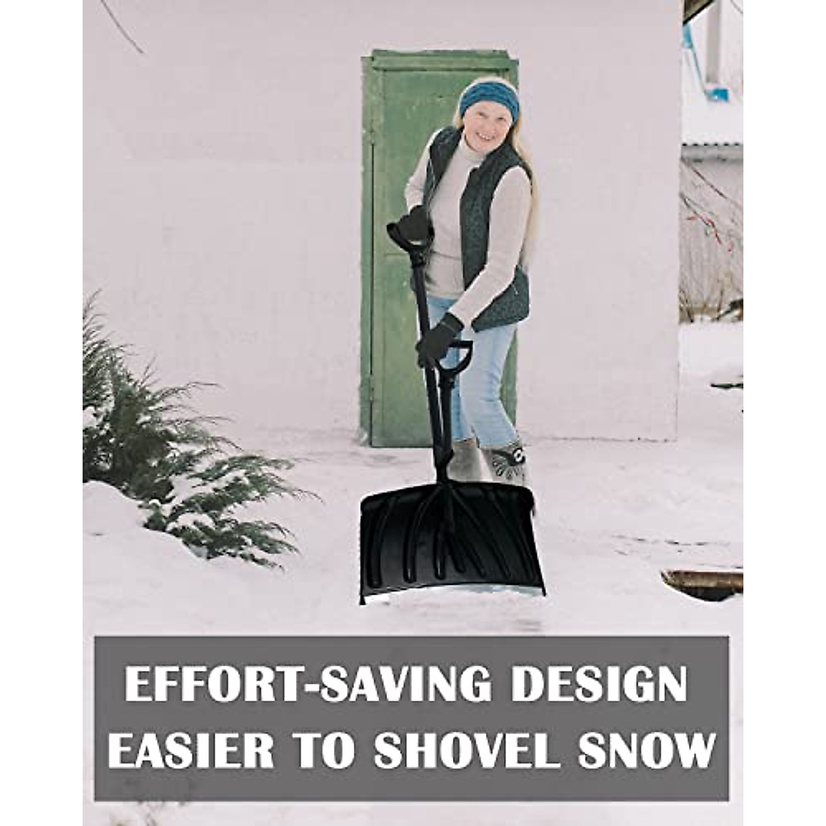 Snow Shovel for Driveway - 18-in Strain-Reducing Snow Shovel with Assisted Handle, Multifunction Emergency Snow Shovel, Lightweight Portable Sport Utility Shovel for Car Home Garage Garden (Black)