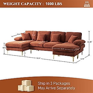 OUYESSIR 110" U Shaped Sectional Sofa Couch for Living Room, 4 Seater Sofa Convertible L-Shaped Chenille Couch Set with Chaise Lounge, Ottoman and Pillows, Orange