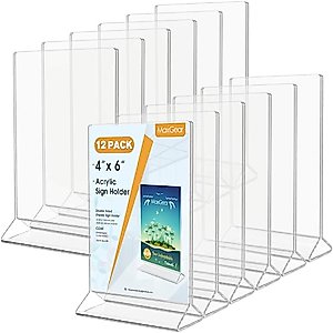 MaxGear Acrylic Sign Holder-Table Card Display-4x6 Inches Clear Sign Holder-Plastic Table Menu Stand-Double Sided Ad Picture Frame for Office, Home, Store, Restaurant, 12 Pack