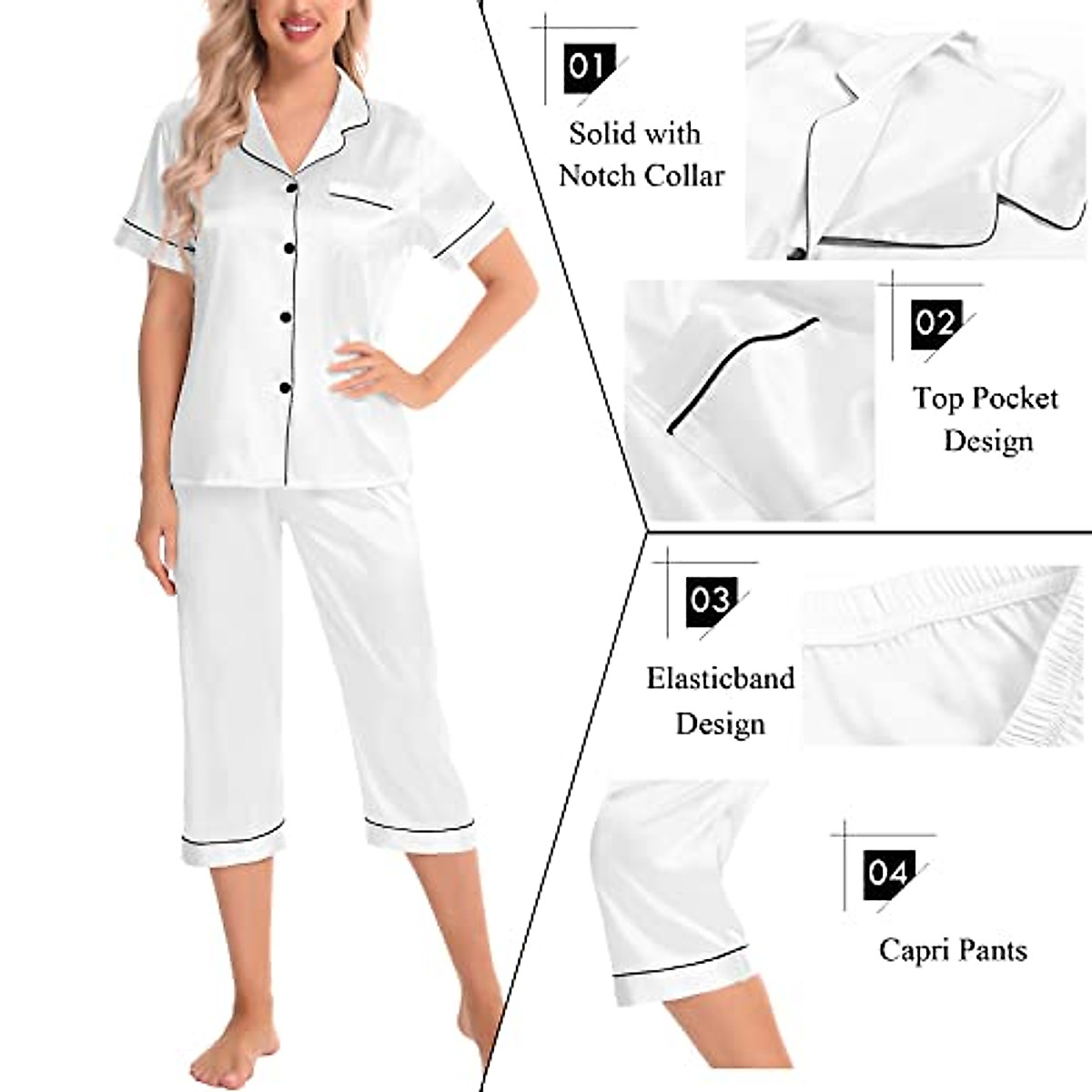 SWOMOG Satin Pajama Set Women Silk Pjs Set Short Sleeve 2 Piece Button Down Sleepwear Lounge Sets White