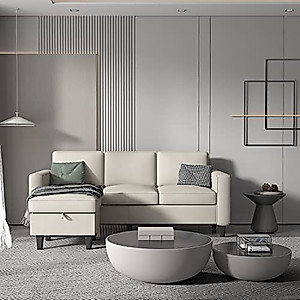 Beige Convertible L-Shaped Sectional, Modern Linen Fabric 3-Seat Sofa Couch Furniture Set with Storage Ottoman for Living Room Small Space