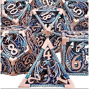 Hollow Metal DND Game Dice Dragon Shaped Blue and Copper Numbers 7Pcs Set for Dungeons and Dragons RPG MTG Table Games D&D Pathfinder Shadowrun and Math Teaching(with Metal case)