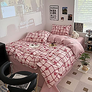 LIWHENHAO Hearts Duvet Cover Set Queen 100% Cotton Bedding Red Heart on Pink Check Plaid 1 Romantic Geometric Comforter Cover Full Zipper Closure 2 Pillowcases for Kids Girls Boys Woman