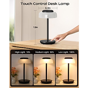 QiMH Battery Operated LED Table Lamp, 5000mAh Waterproof Cordless Desk Lamp with 3 Level Brightness Touch Control, Mini Rechargeable Night Light for Living Room, Bedroom, Outdoor bar (Black)
