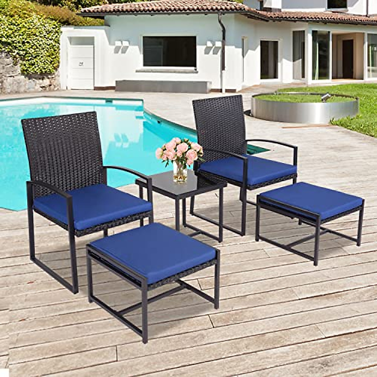 Kinfant Outdoor Patio Wicker Furniture Set - 5-Pcs All Weather Furniture Set with 2 Chairs, Coffe Table, 2 Ottomans and Cushions for Balcony Porch Backyard Garden (Dark Blue)