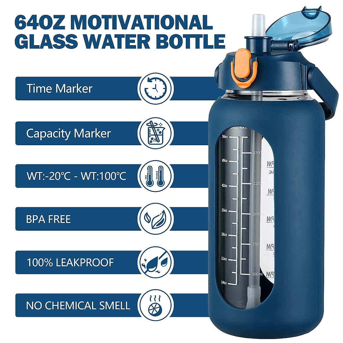 kytffu 64oz Glass Water Bottles with Straw, Half Gallon Motivational Glass Bottle with Silicone Sleeve and Time Marker, 2L Leakproof Large Glass Water Jug for Gym Home Office,Blue