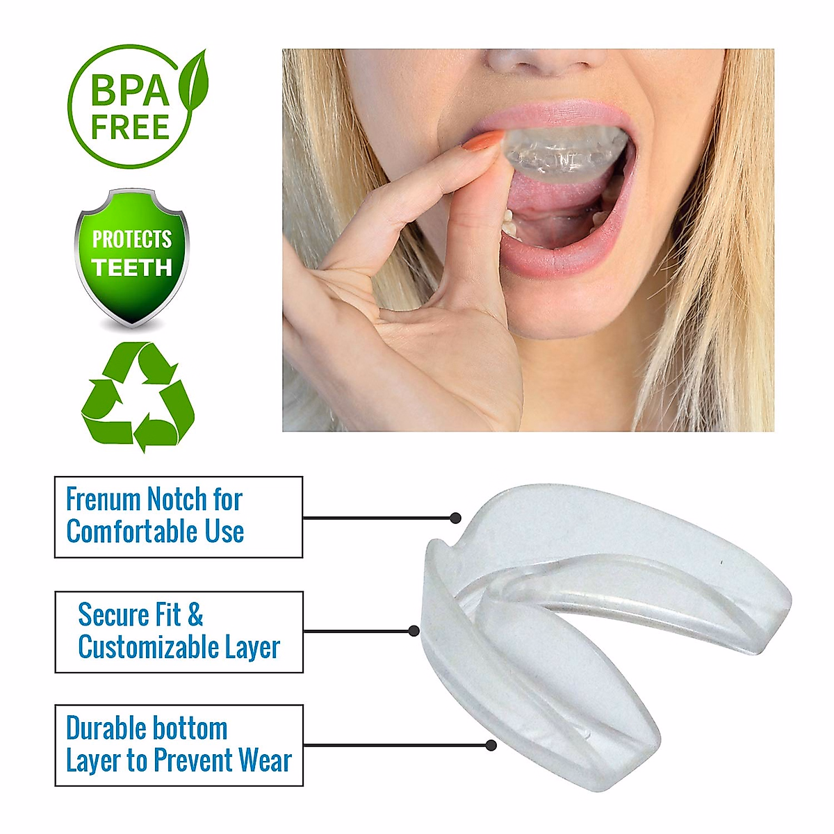 Mouth Guard for Grinding Teeth - 2 Pack, Made in USA, Thin and Trim Anti Grinding Night Guard - Teeth Whitening Dental Tray, Stops Bruxism - Teeth Clenching, No BPA
