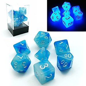 Bescon Gemini Glowing Polyhedral Dice 7pcs Set ICY Rocks, Luminous RPG Dice Set d4 d6 d8 d10 d12 d20 d%, Brick Box Packaging