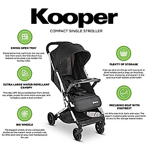 Joovy Kooper Lightweight Baby Stroller Featuring Removable, Swing-Open Tray, Big Wheels, Reclining Seat with Footrest, Extra-Large Retractable Canopy, and Compact Fold (Black)