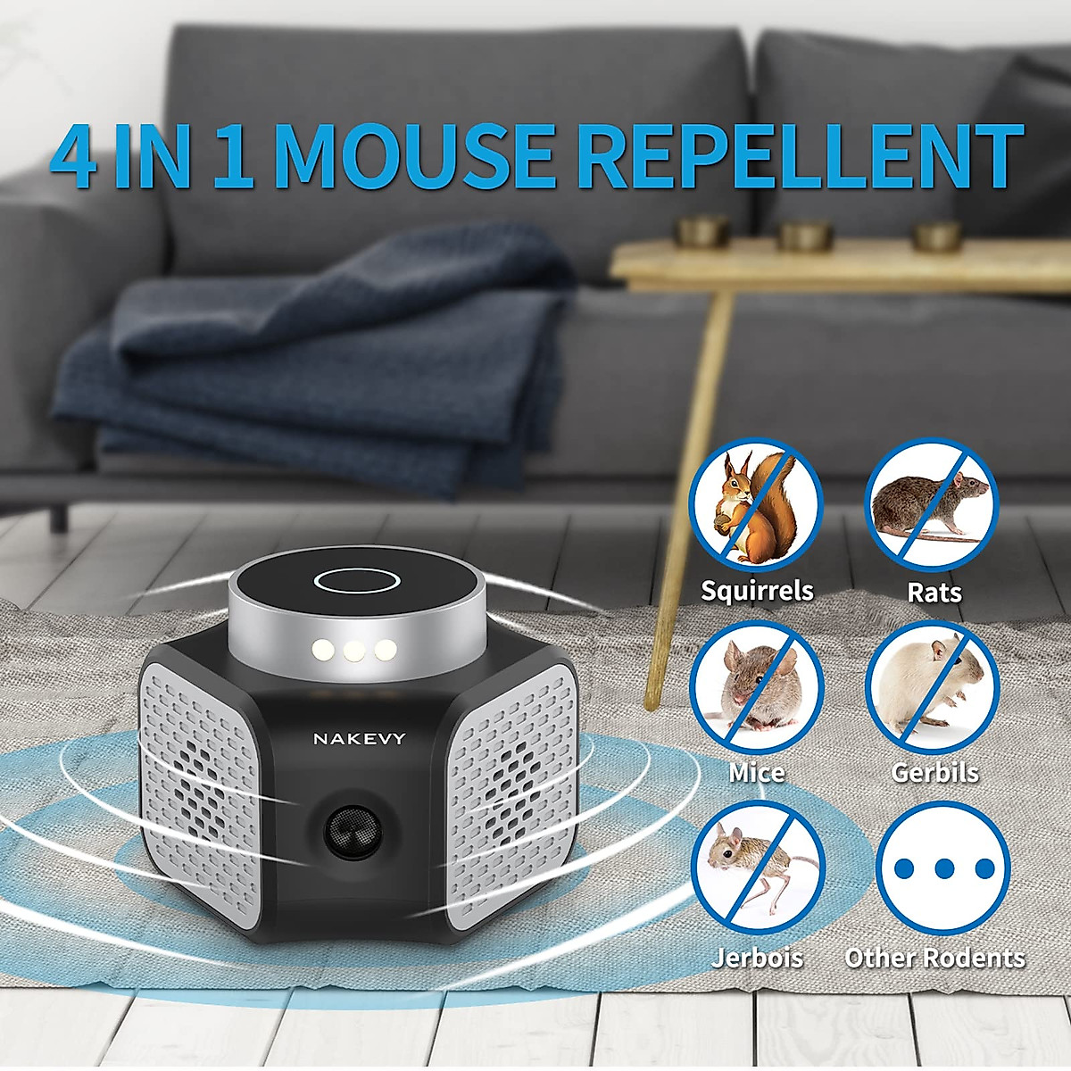 NAKEVY Plug in Rodent Repellent Indoor Pest Repeller Squirrels Mouse Deterrent Rat Control with Ultrasound Impulse LED Flashlights Predator Sounds for Home Attic Garage RV Silver
