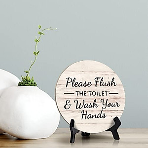 Round Please Flush The Toilet & Wash Your Hands, Light Wood Color Bathroom Table Sign with Acrylic Easel (5 x 5")
