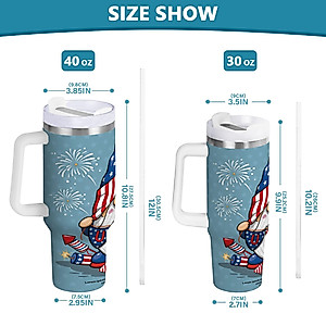 Exnundod 40 oz Tumbler with Handle Patriotic Gnome with Fireworks Insulated Stainless Steel Cup with Lid and Straw 4th July Travel Cup Leak-proof Fits in Car Cup Holder for Iced & Hot