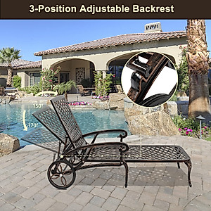 VINGLI Outdoor Chaise Lounge Chair with Wheels, Cast Aluminum Patio Chaise Lounge Furniture with 3-Position Adjustable Backrest, Tanning Chair for Poolside (1, Bronze, Without Cushion)