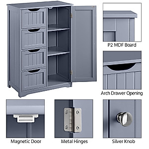 Yaheetech Large Bathroom Floor Cabinet with 4 Dawers and Single Door Cabinet, Freestanding Storage Cabinet for Living Room Kitchen Hallway, Gray
