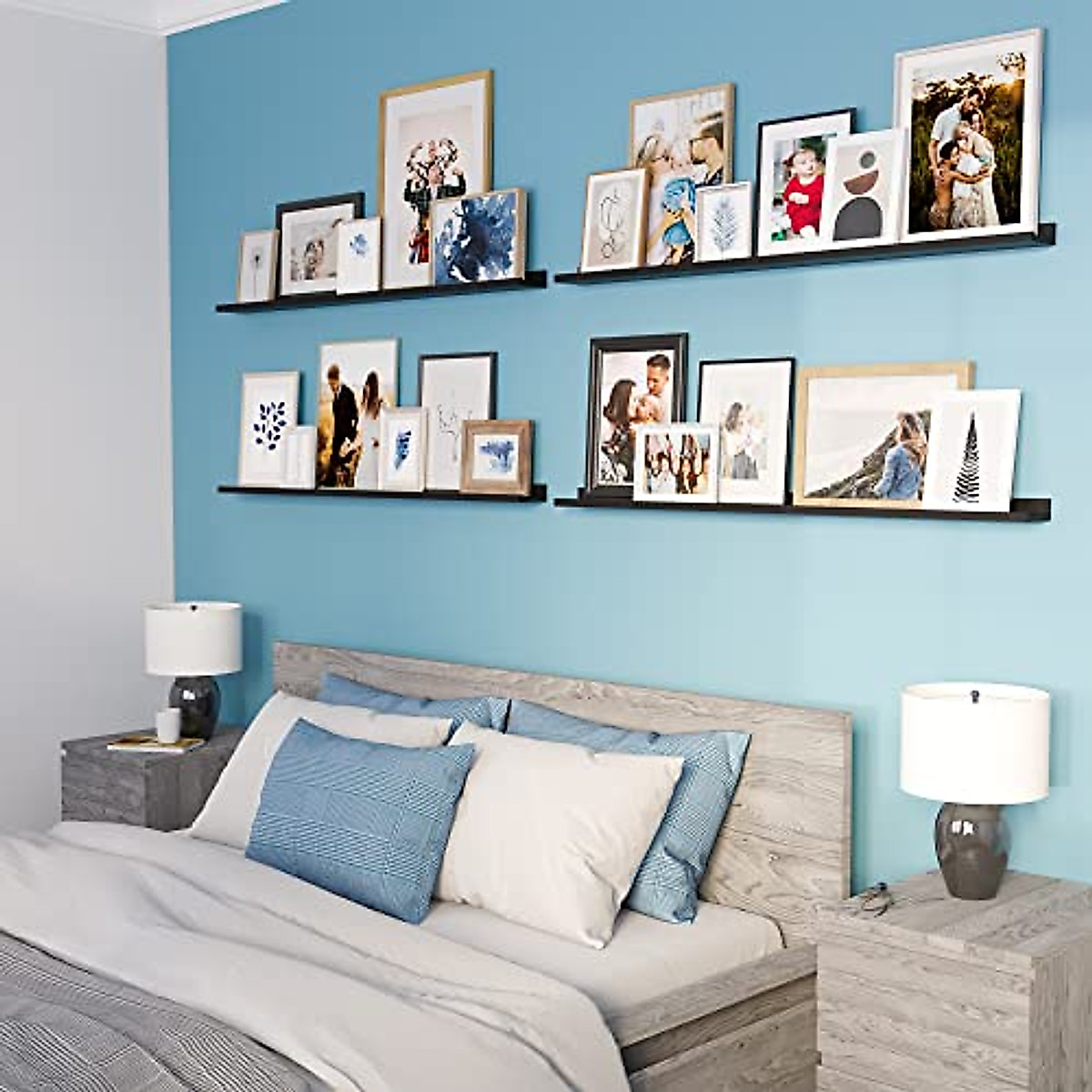 Wallniture Denver 46" Wall Shelves for Picture Frames, Floating Shelves for Wall, Picture Ledge Shelf, Set of 4, Black