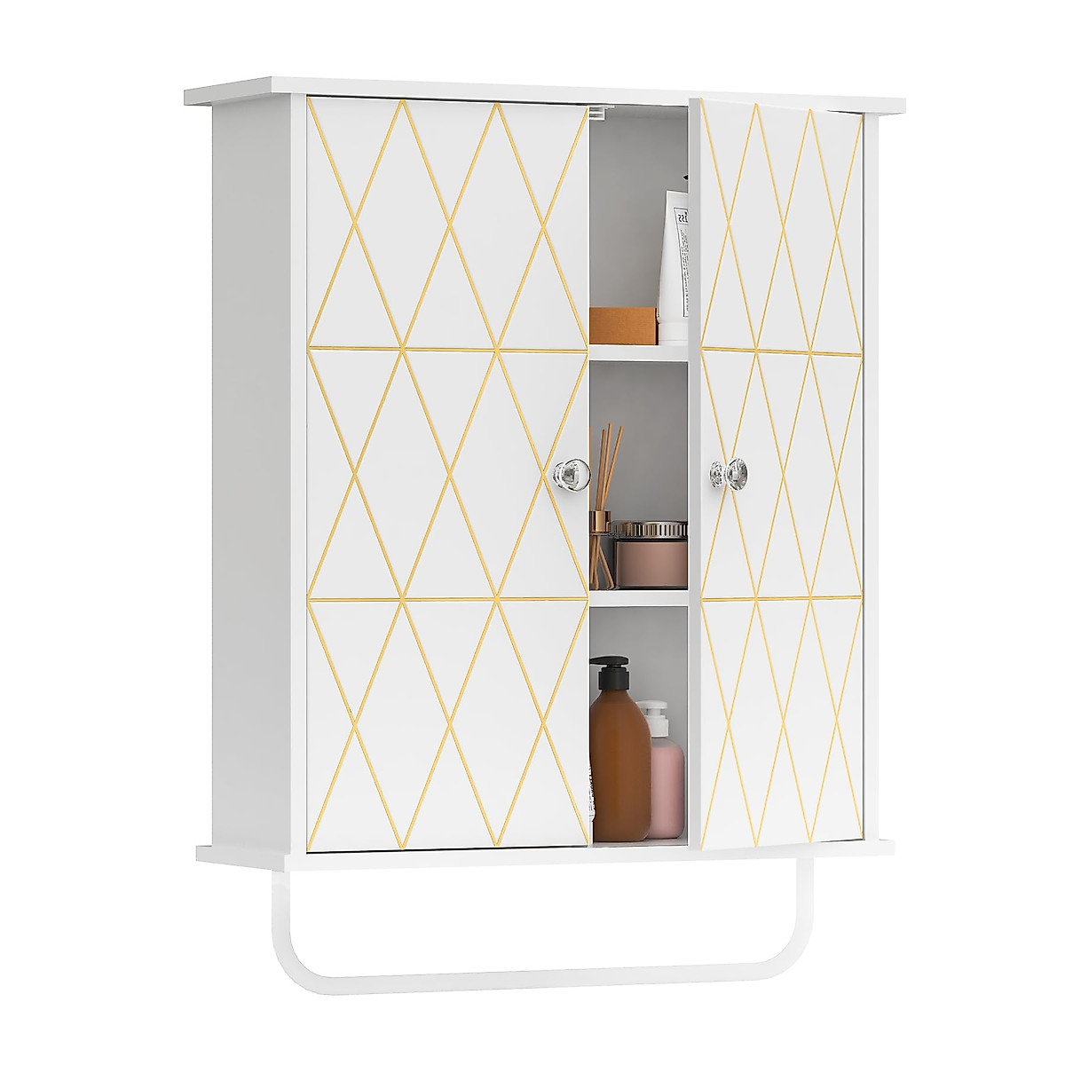 Bathroom Wall Cabinet Storage Cabinet Above Toilet, Bathroom Cabinet with Gold Decoration, Adjustable Shelves, Medicine Cabinet, and Space Saving Medicine Cabinet in The Living Room Cabinet White