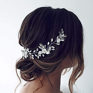 Unicra Bride Flower Wedding Hair Vine Pearls Bridal Hair Piece Crystal Hair Accessories for Women and Girls (Silver)