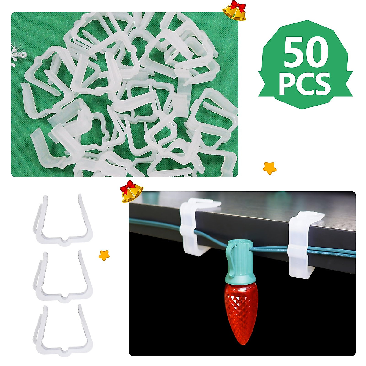 CXLHO 50 Pieces Christmas Holiday Light Hanger Hooks, 1.62" Fascia Boards Clips White, Plastic Holiday Light Clips for C7, C9, Mini String Lights Outdoor Roof Roofline Deck Eave Christmas Decoration