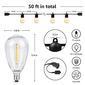 Lepro S14 Outdoor String Lights 50ft Hanging Patio Lights with 15 Shatterproof LED Edison Bulbs, Waterproof Bistro Lights Backyard String Lighting for Deck, Pergola, Porch, Garden, Gazebo