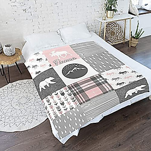 Personalized Patchwork Woodland Bear Reindeer Blanket with Name Text Custom Super Soft Fleece Throw Blankets for Couch Sofa Bed 50 X 60 inches