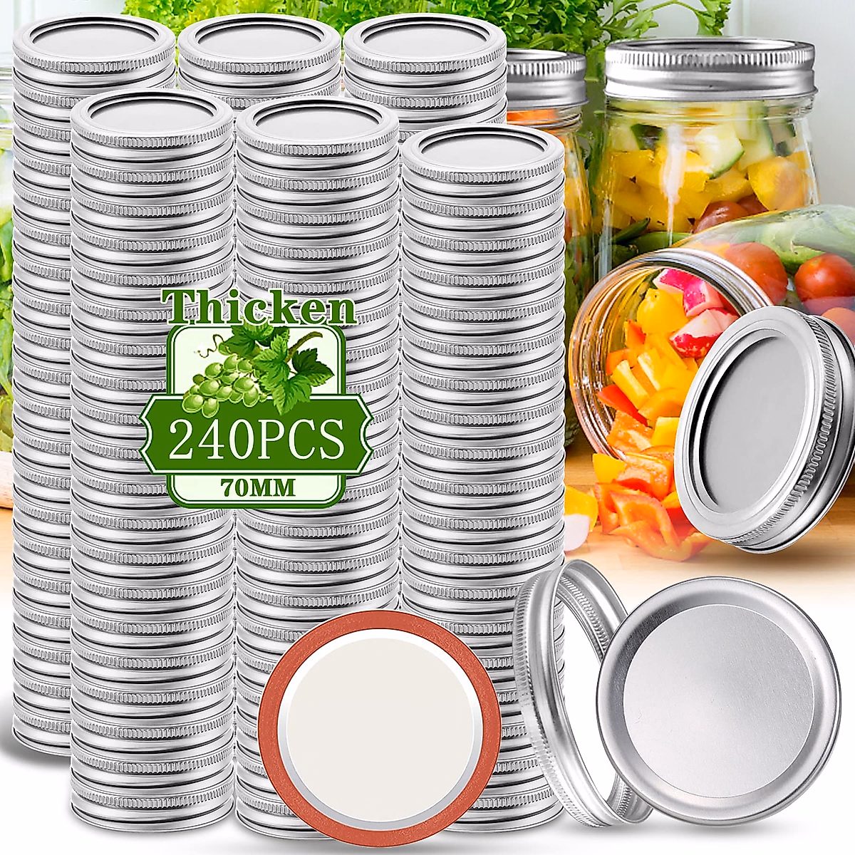 SLifeJars Canning Lids and Rings Regular Mouth,240 Pcs 70MM Mason Jar Lids and Rings Set for Regular Mouth Canning,Split-type Lids with Silicone Seals Rings Leak Proof and Secure for Regular Mason Jar