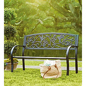 Plow & Hearth Black Metal Hummingbird Garden Bench for Patio, Yard and Garden with Detailed Decorative Back Design Featuring Birds, Vines and Flowers, 50" W x 19½"D x 34½"H