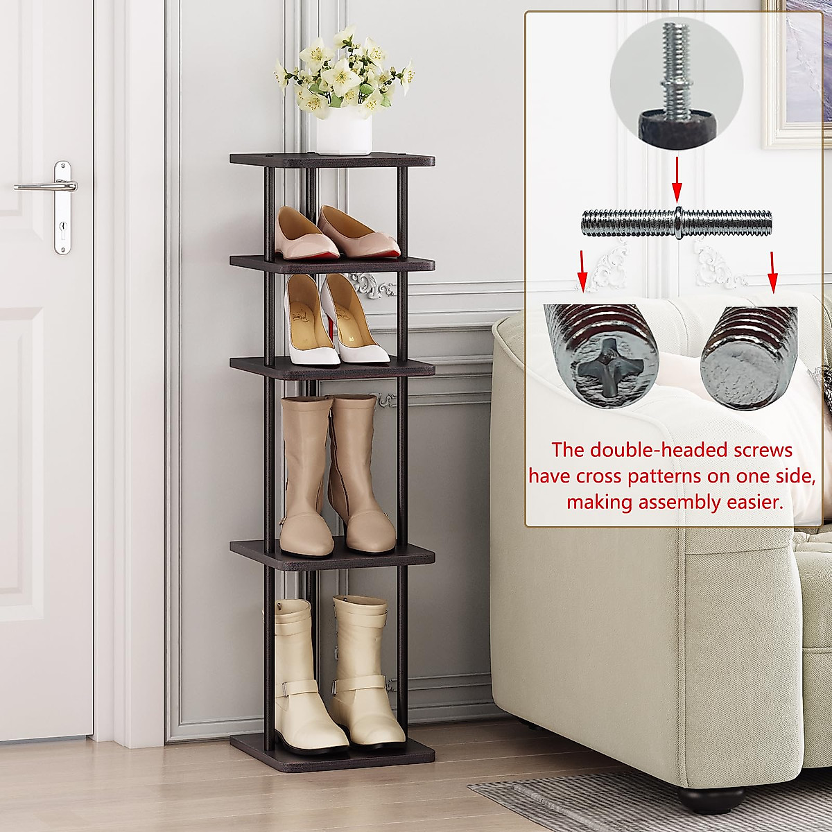 SORCEDAS Shoe Rack Vertical Narrow Shoe Shelf Storage 5 Tier Corner Shoe Organizer for Closet Entryway Garage(Black + Rustic Dark Brown)