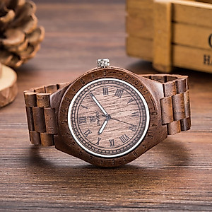 LeeEv Mens Light Weight Unique Wood Watch, Uwood Series Handmade Sandalwood Analog Quartz Vintage Roman Number Natural Wooden Wristwatch