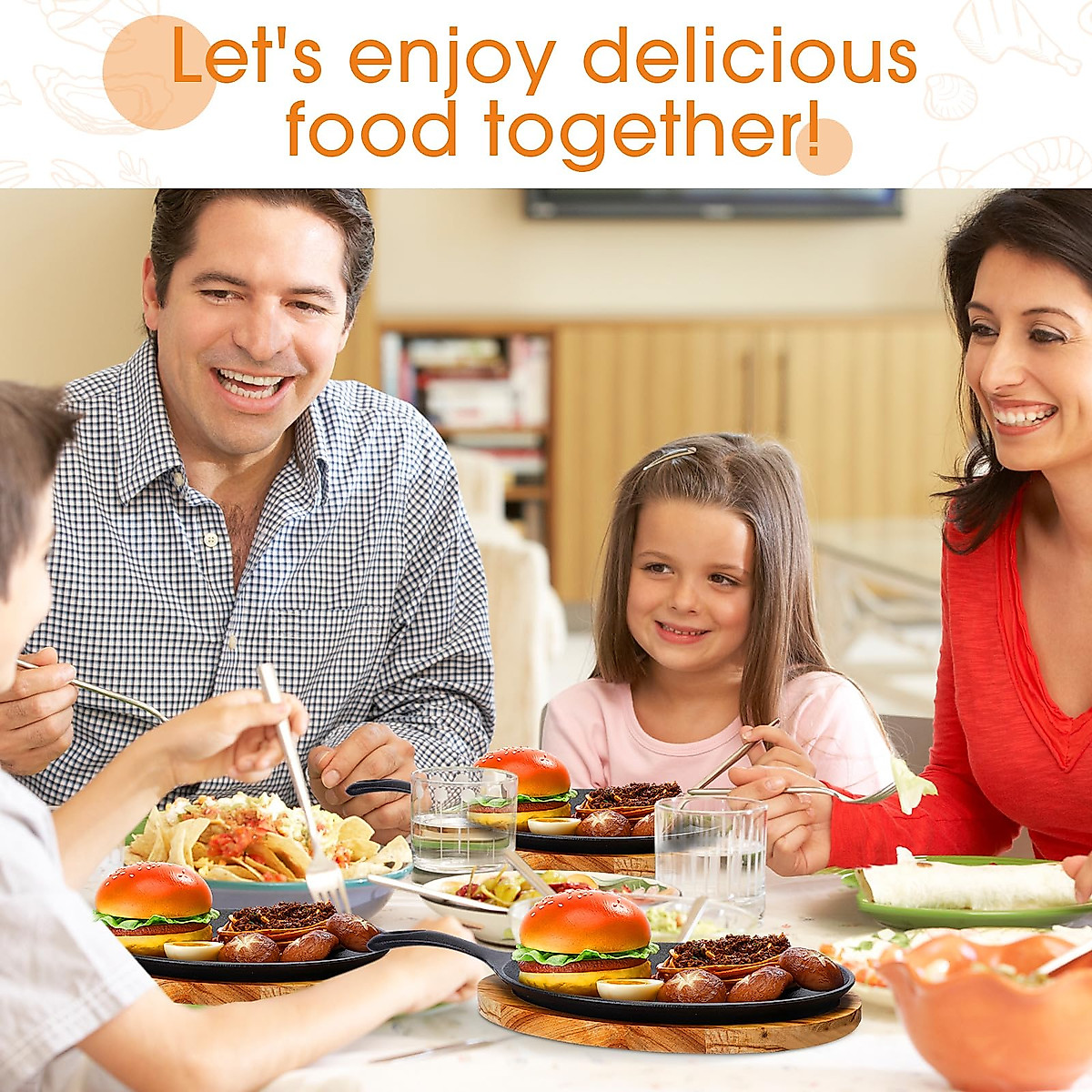 Lallisa 4 Sets Cast Iron Fajita Plate Set Fajita Plate Sizzler Pan with Wooden Tray Anti Scald Protection Hot Mitt Cast Iron Skillet Set for Home Barbeque Kitchen Party Restaurant Catering Service