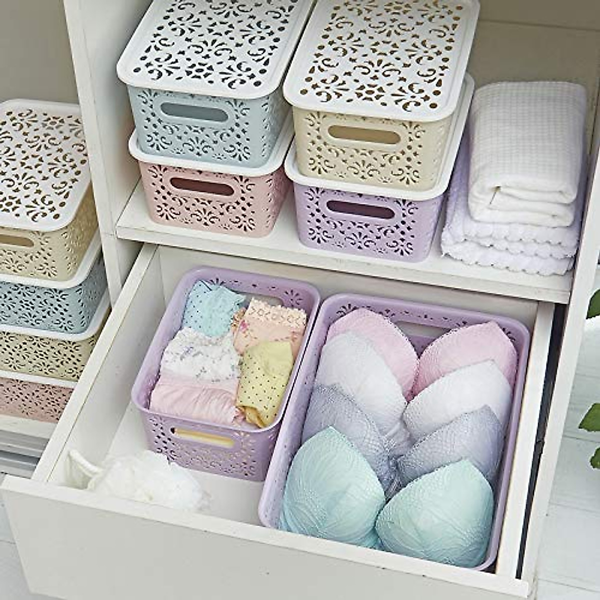 Czlsd Closet Storage Boxes Desktop Hollow Underwear Storage Box Three-Piece Household Drawer Plastic Covered Bra Underwear Socks Storage Box (Color : Blue)