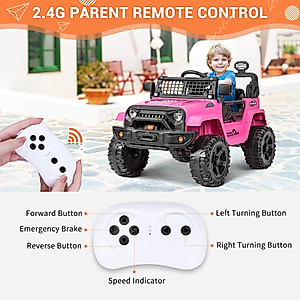 12V Kids Electric Ride On Car Jeep with Remote Control 3 Speeds, LED Lights, Radio, AUX/USB MP3 Music, Openable Doors & Suspension, Electric Car Vehicle for Toddlers & Kids, Pink