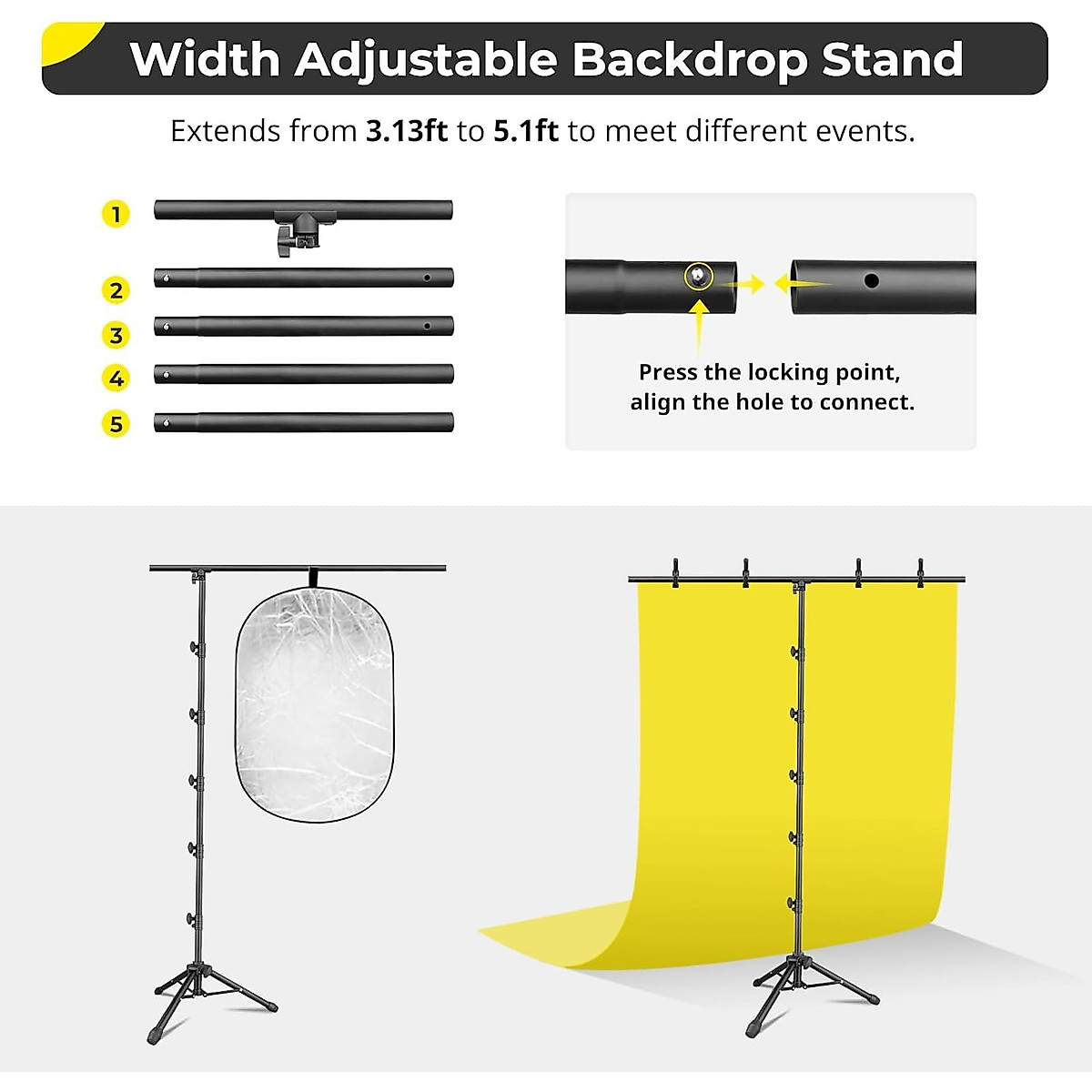 Aureday 8x5FT T-Shape Backdrop Stand, Adjustable Backdrop Stand Kit with Horizontal Pole, 4 Spring Clamps, Sandbag, and Black Carrying Bag for Parties/Wedding/Photography/Decoration