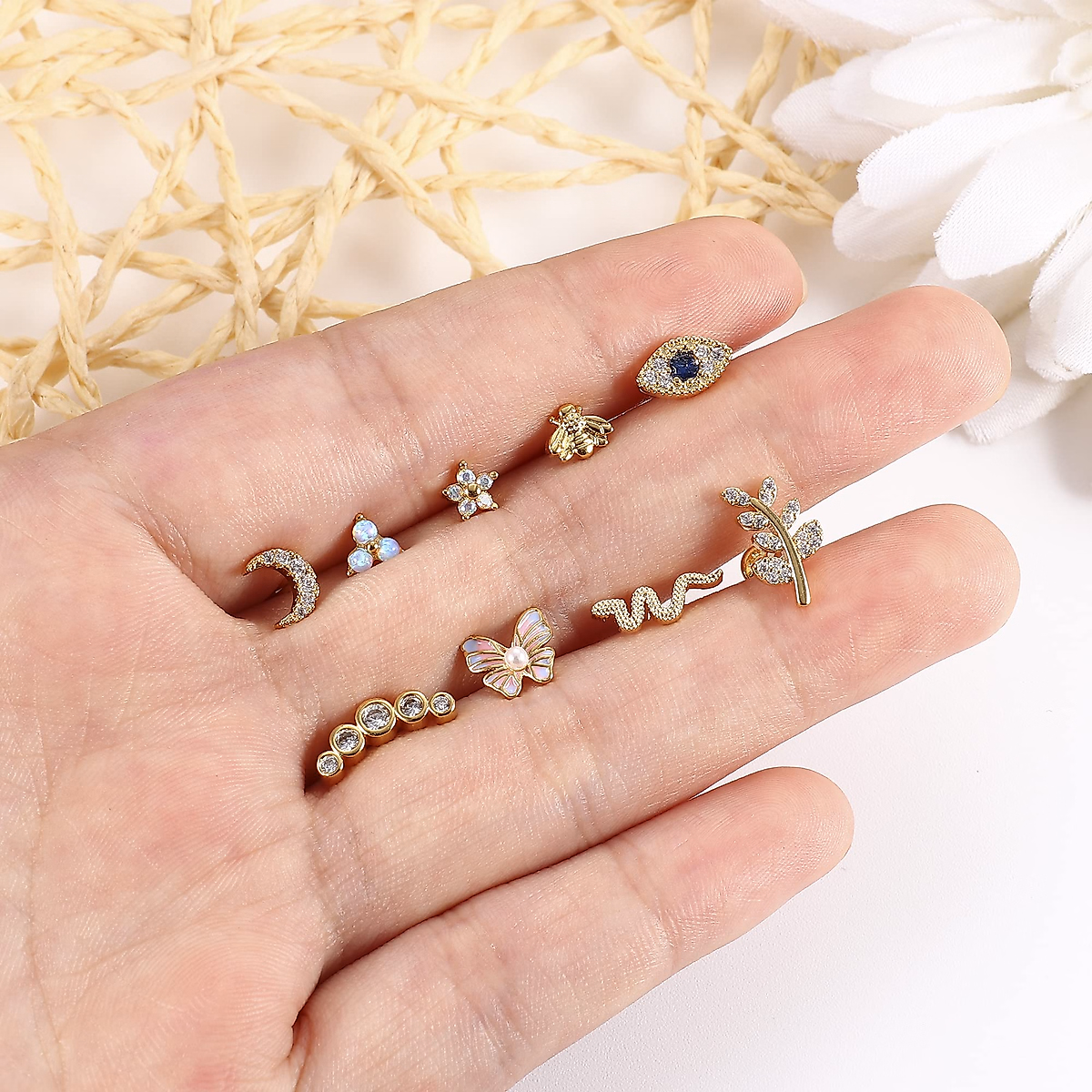 FUNRUN JEWELRY 9Pcs 16G Cartilage Stud Earring for Women Stainless Steel Top Screw Flat Back Earrings Butterfly Moon Flower CZ Cartilage Earrings Helix Tragus Piercing Jewelry, Length: 6MM, Metal,