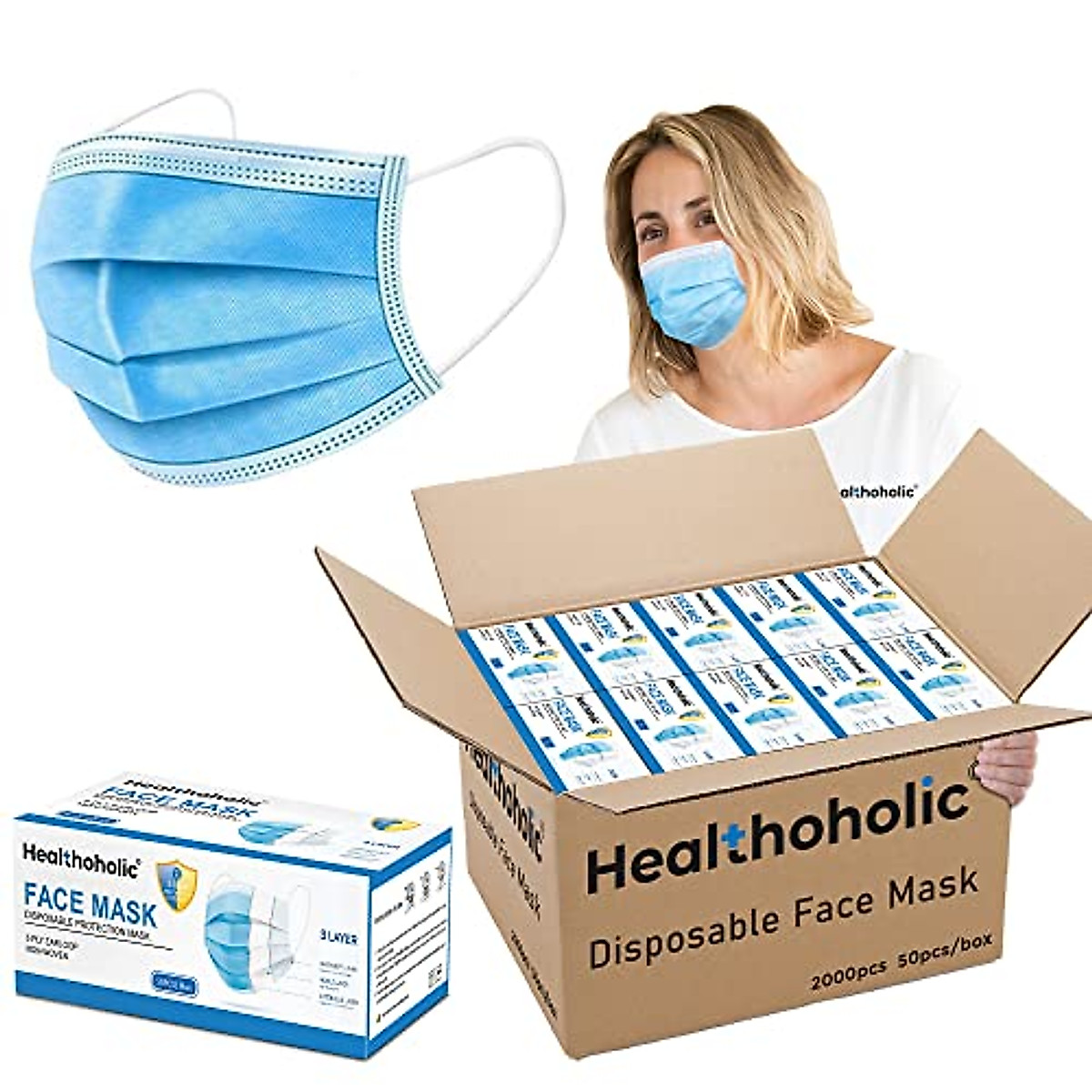 Healthoholic Blue Disposable Face Masks [Bulk Pack of 2000 Pcs, 40 Boxes of 50pcs/Box] Non-Woven, Breathable, Disposable 3-ply Protective Earloop Face Masks