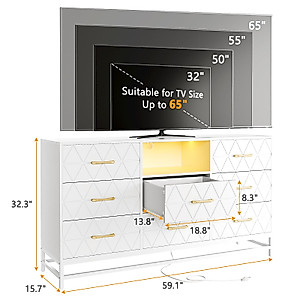Patikuin 8 Deep Drawer White Dresser for Bedroom with Charging Station and LED Lights, 59" TV Dresser Wooden Large Long Dresser, Modern Chest of Drawers Storage Organizer for Closet, Living Room