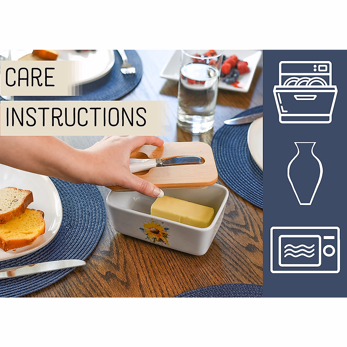 Nat & Jules Dean Crouser Ceramic Stoneware 1/2 Pound, 2 Sticks Butter Dish with Airtight Bamboo Lid & Knife, Kitchen Container Holder Refrigerator Storage Countertop Organization, Watercolor Sunflower