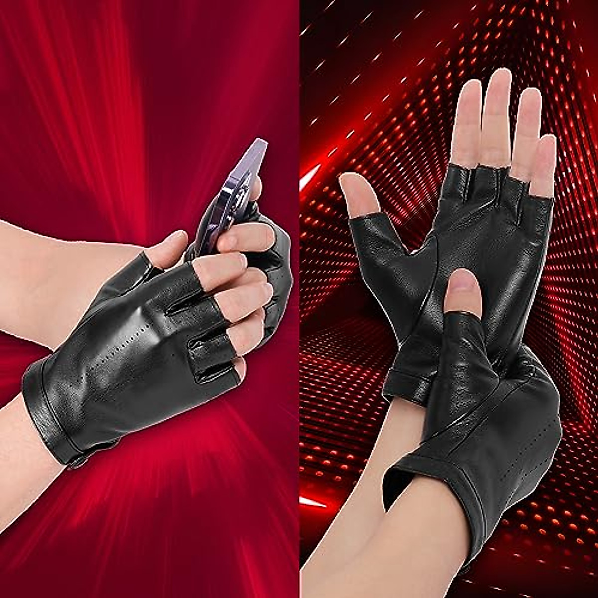 OurHonor Black Fingerless Gloves for Men Women, Halloween PU Leather Half Finger Glove Outdoor Driving Performance Costume Sport, Small (Style C)