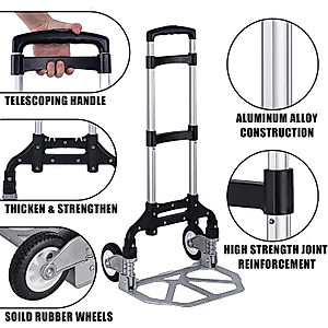 Foldable Hand Truck Dolly Aluminum Folding Hand Cart Luggage Trolley Cart Max 175lbs Capacity Dolly Cart, with Telescoping Handle and Rubber Wheels, Double Bearings