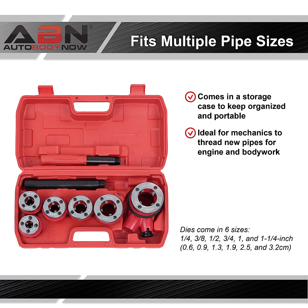 ABN Ratchet Pipe Threader - Galvanized Pipe Threader Kit with 6 Iron Pipe Dies for Threading Metal and PVC Pipes