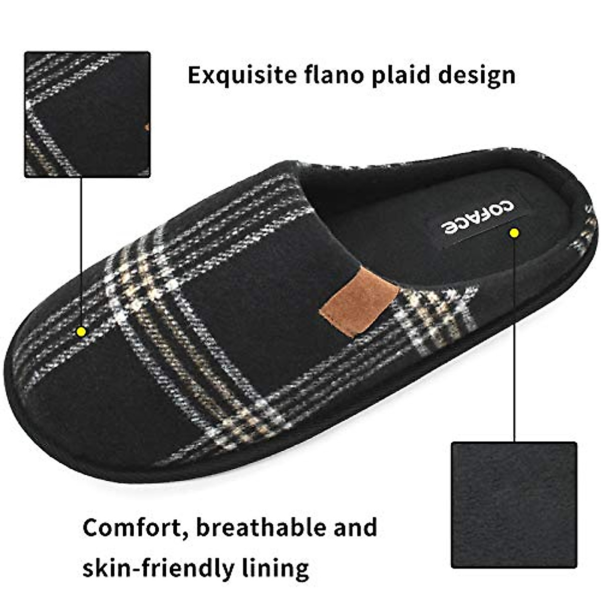 COFACE Mens Memory Foam House Slippers Slip On Cozy Scuff Plaid Shoes Indoor/Outdoor with Best Arch Surpport