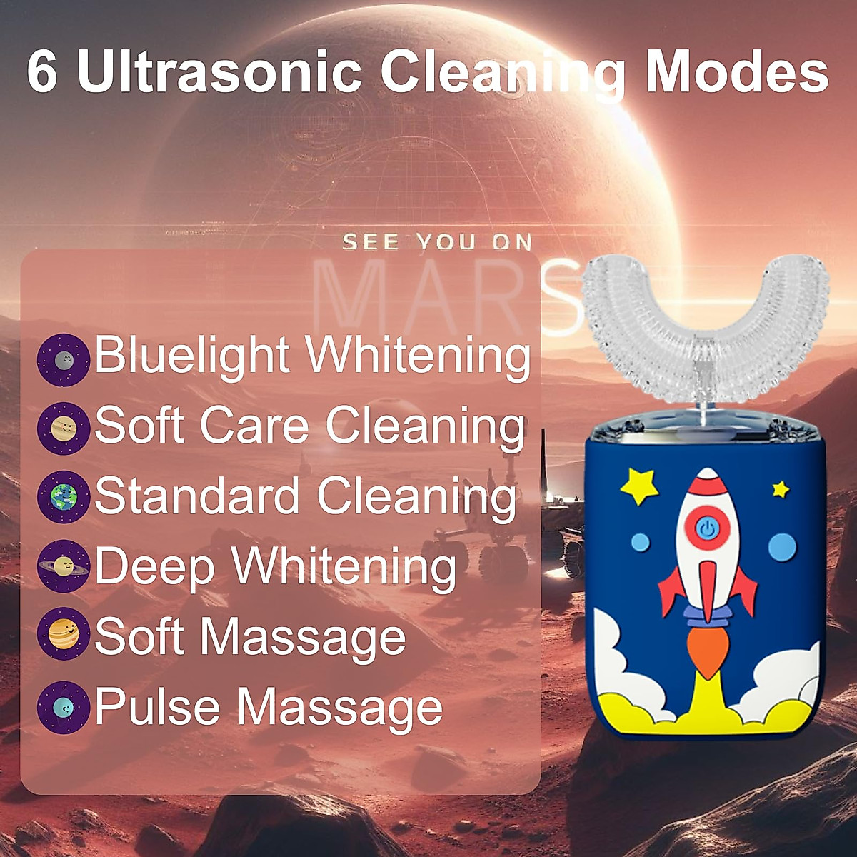 Geacker Kids U Shaped Electric Toothbrush Ultrasonic Automatic Brush with 5 Brush Head 6 Clean Modes IPX7 Waterproof Whole Mouth Rechargeable Smart Timer Toothbrushes for Children Age 2-7 (Blue)